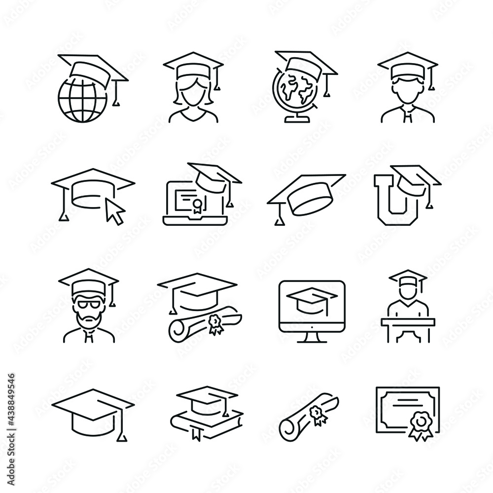 Education related icons: thin vector icon set, black and white kit ...