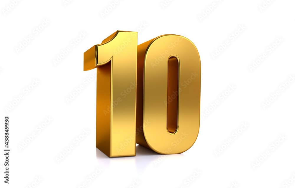 Ten, 3d illustration golden number 10 on white background and copy ...