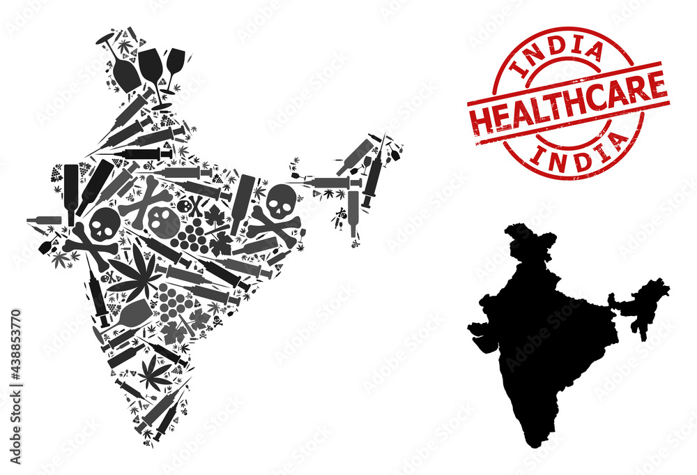 Vector addiction mosaic map of India. Scratched health care round red ...
