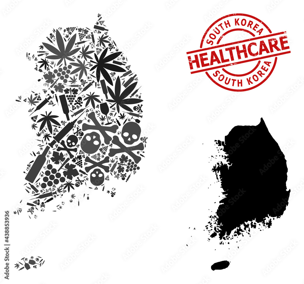Vector addiction mosaic map of South Korea. Rubber healthcare round red ...