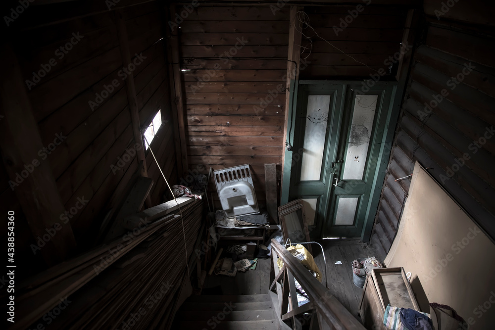 Beautiful and gloomy interior of an old abandoned house. Antique ...