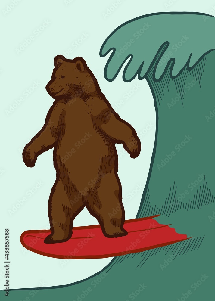 California bear character surfing wave isolated summer sports animal ...