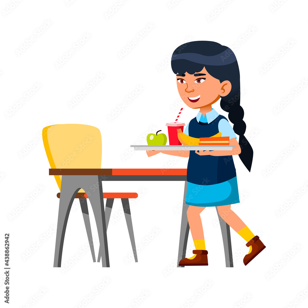 little girl carrying tray with food in school canteen cartoon vector ...