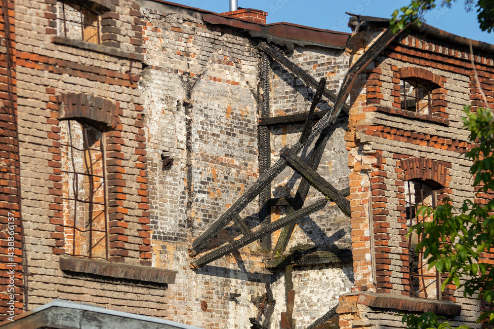 historic building after a fire, collapsed building ceiling, demolished ...