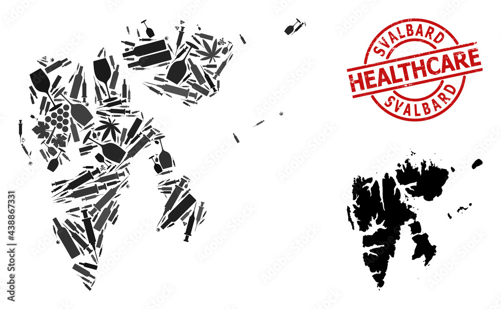 Vector narcotic composition map of Svalbard Islands. Rubber health care round red rubber ...