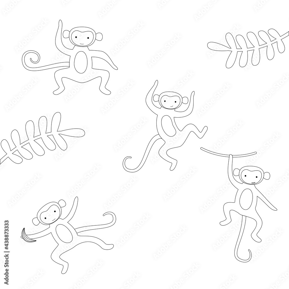 Set of vector black and white monkeys for coloring. Textile, wallpaper ...