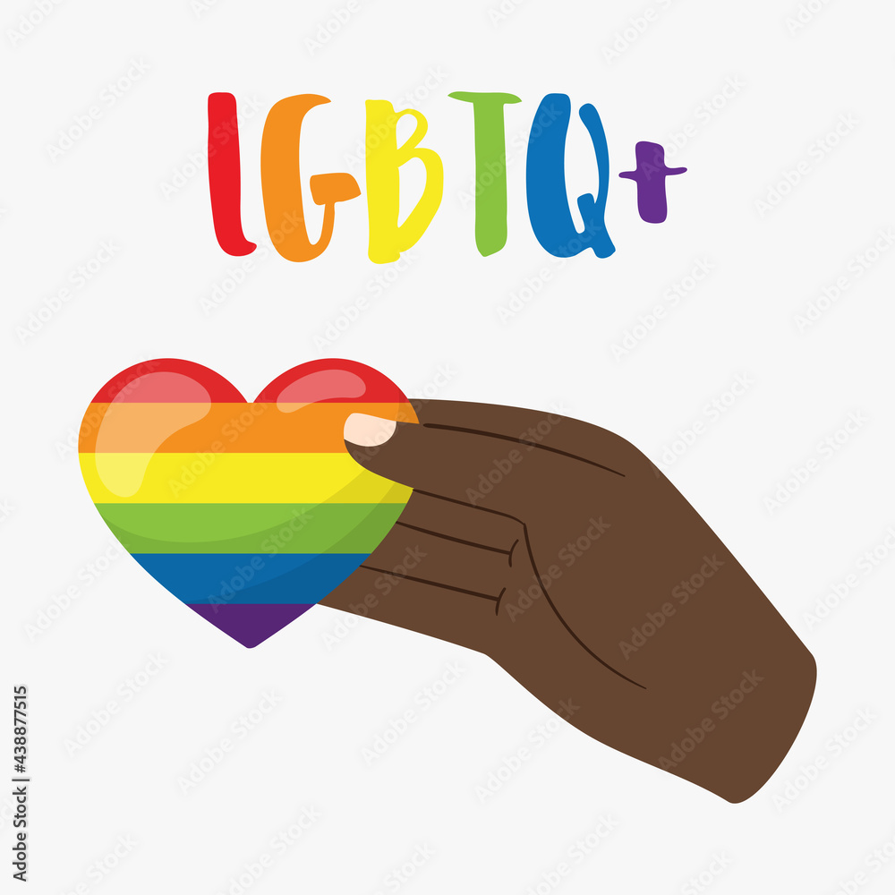 Vertical poster of LGBT Pride month. A hand holds a heart in the colors ...