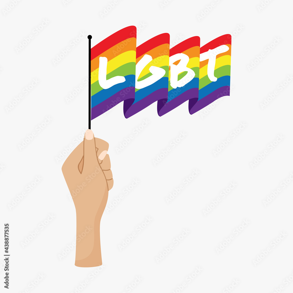 Vertical poster of LGBT Pride month. A raised hand holds a waving LGBT ...