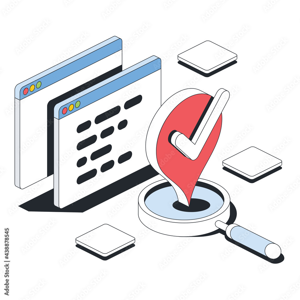 Program window, text code, search magnifier, pin map location. Vector ...