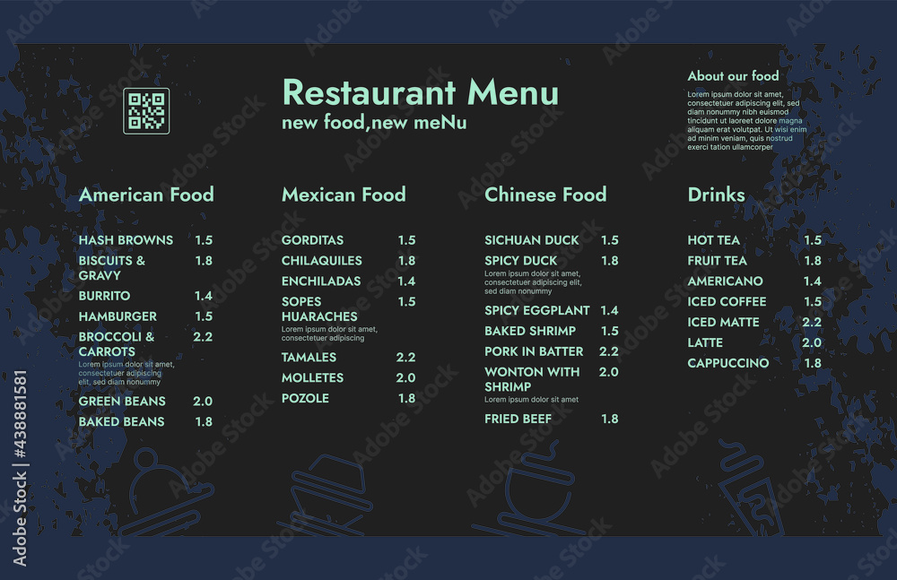 Restaurant cafe menu, template design. One page food menu template ...