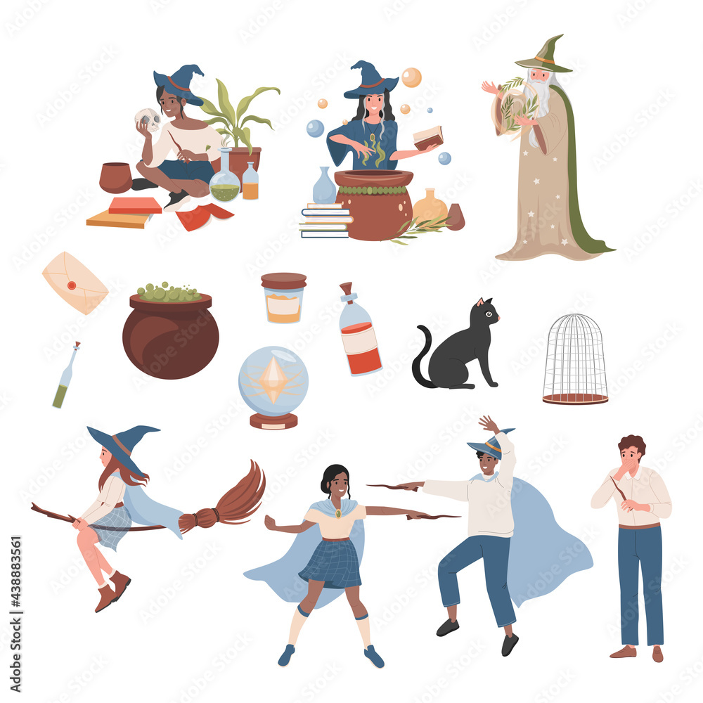 Set of happy witches and wizards and magic items vector flat ...