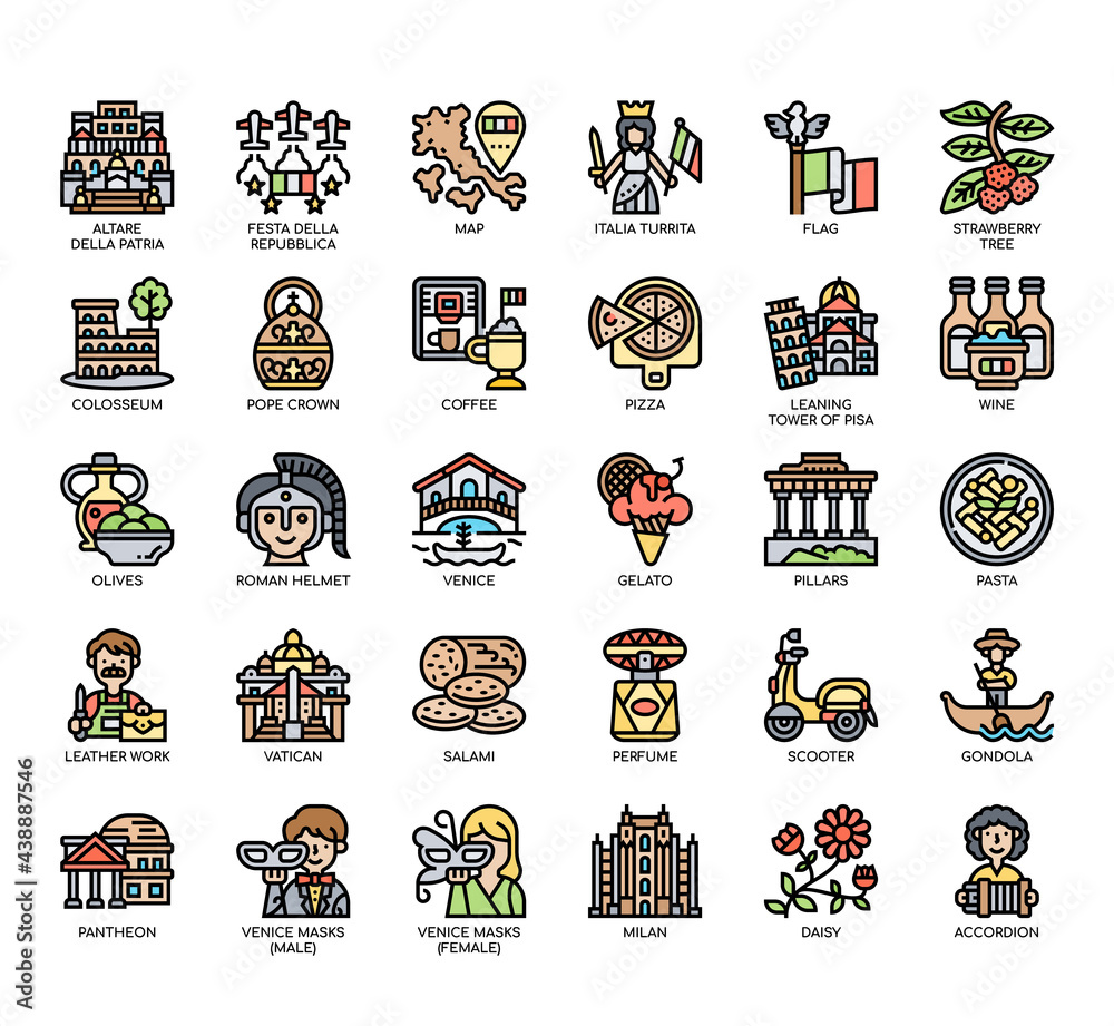 Set of Italy Symbol thin line and pixel perfect icons for any web and ...