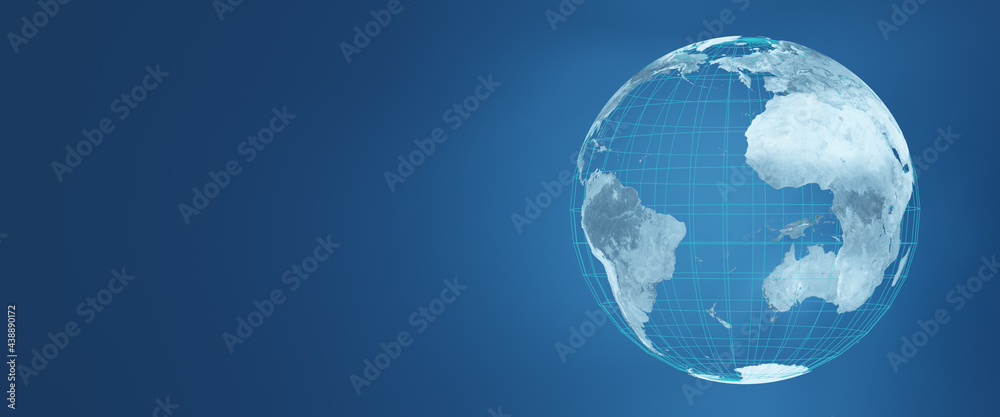 Blue stylized wireframe technical illustration of earth and continents ...
