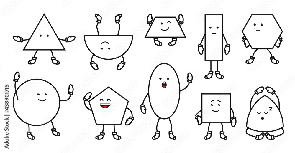 Cute outline geometric shapes with smiling expression. Set icons simple ...