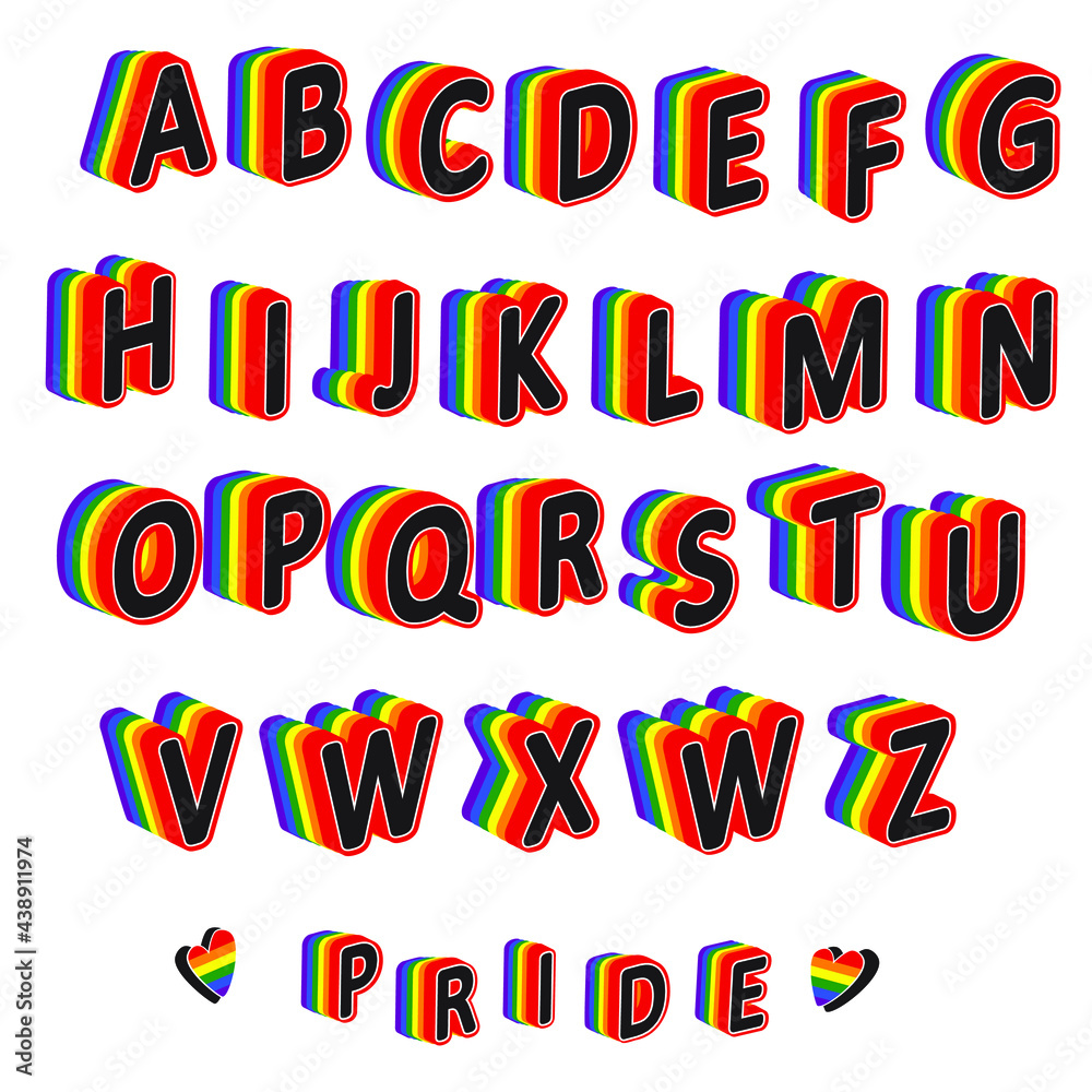 LGBT alphabet. Rainbow alphabet in LGBT flag colours. 3D ABC. Stock ...
