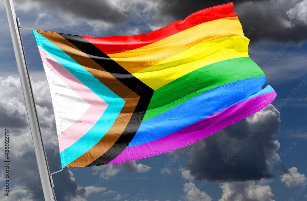 Progress Pride Rainbow Flags (new design of rainbow flag) waving in the ...