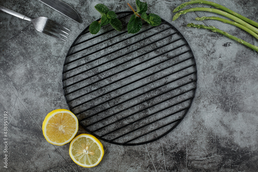 Food background with meat grill free space for steak and text. top view ...