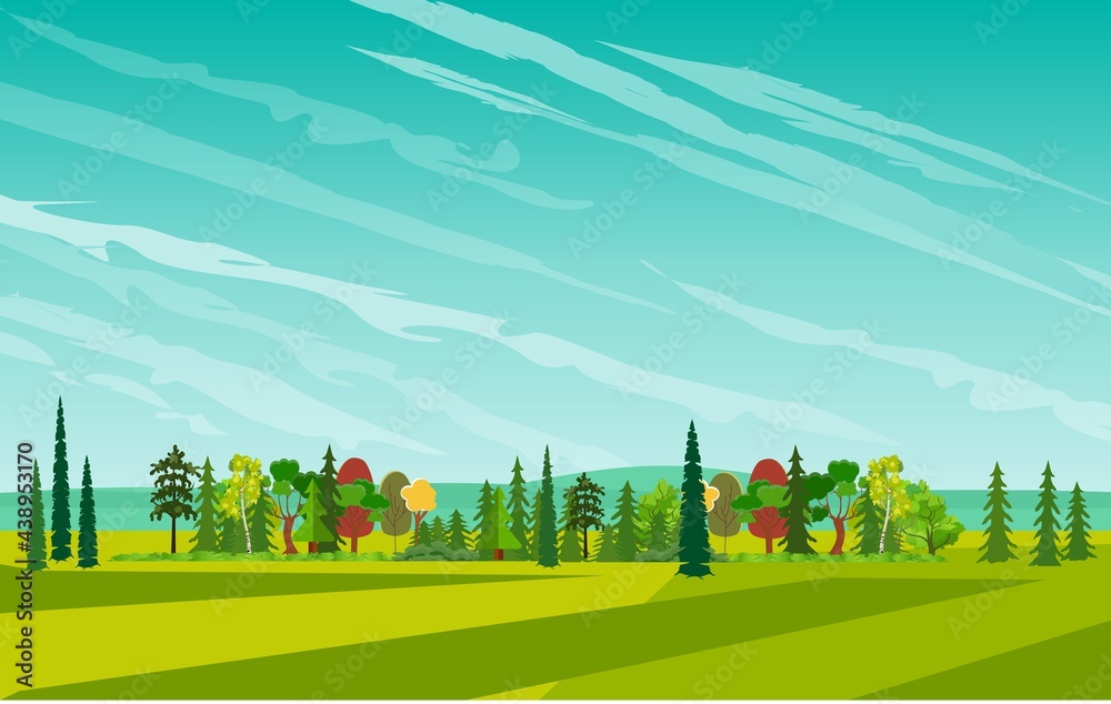 Countryside landscape, trees in the field, mountains in the horizon ...