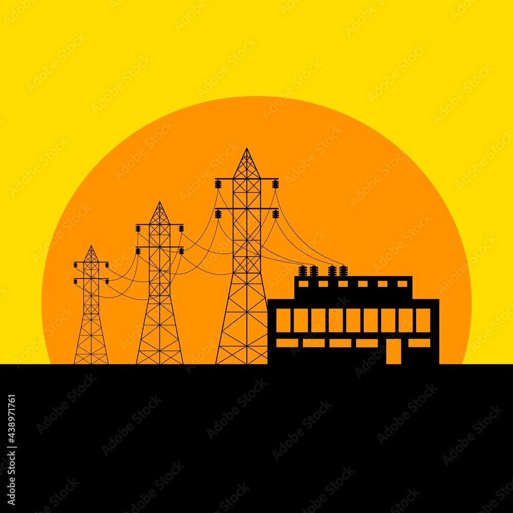 Overhead power line and transformer substation against the backdrop of ...