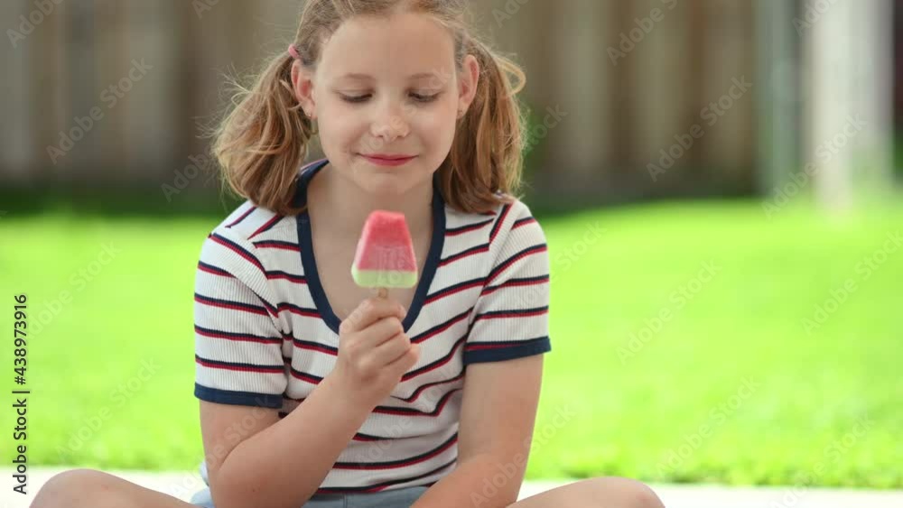 Happy Little Teen Girl Lick Refreshing Ice Cream And Joying Sunny