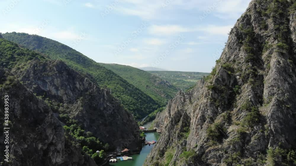 Drone view of Matka Canyon. Drone shot of a lake in a canyon in North ...
