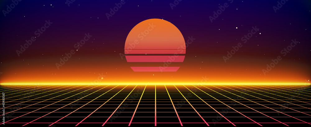Retro cyberpunk style 80s Sci-Fi Background Futuristic with laser grid ...