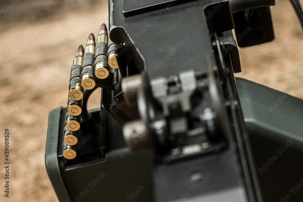 M249 light machine gun with 7.62 mm cartridge belt black and white ...