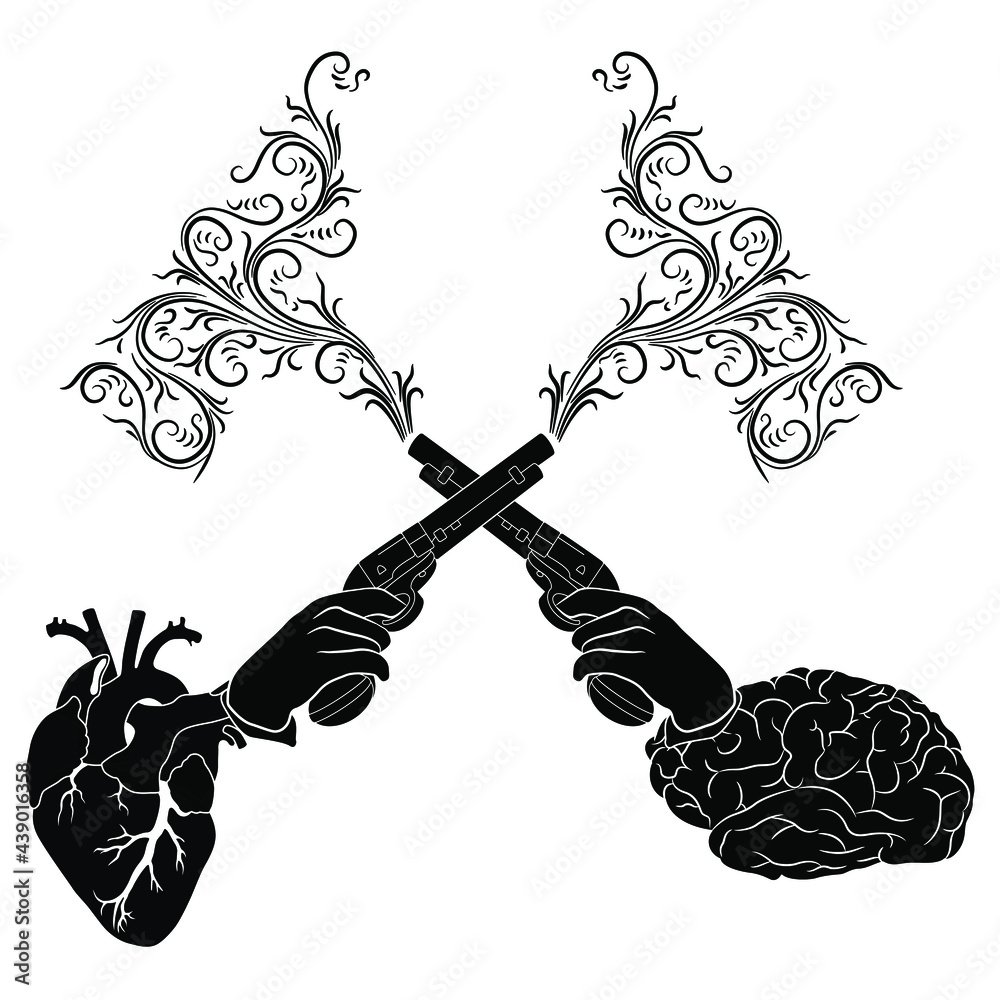 Duel of human heart and brain. Two smoking vintage revolvers. Creative ...