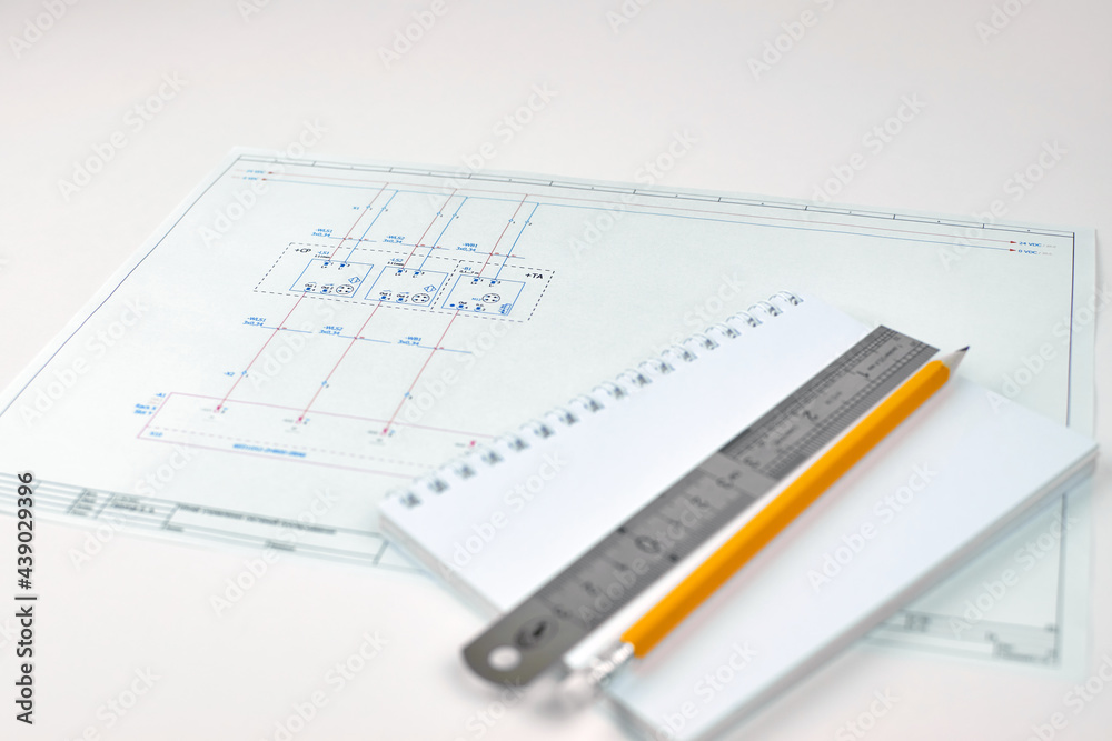 Printed circuit diagram. Engineer's drawing, close-up. Wiring diagram ...