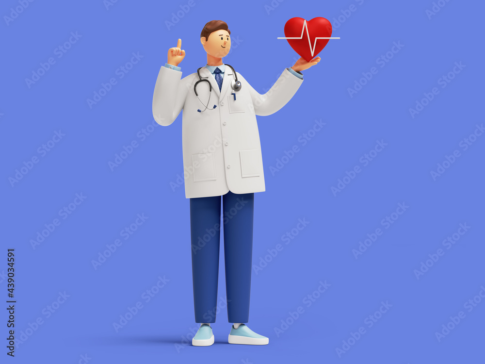 3d render. Cardiologist cartoon character shows finger up, holds red ...