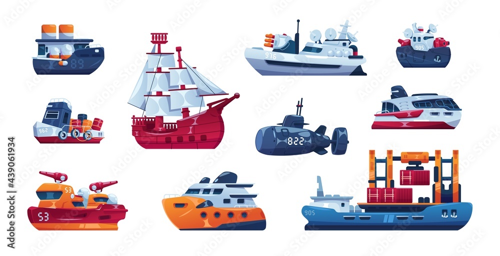 Cartoon ship. Passenger and cargo sea transport. Funny steamboat sails ...
