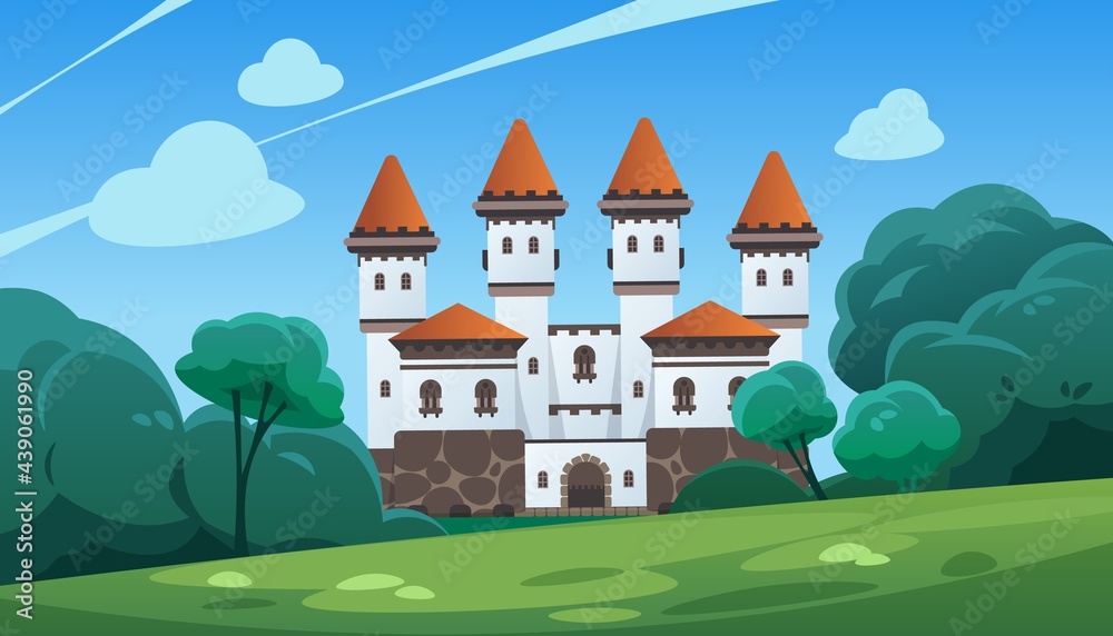 Castle. Cartoon landscape with medieval stronghold and forest. Scenic ...