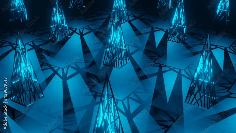 pyramid frames with blue glow rotate and cast shadows on a dark ...