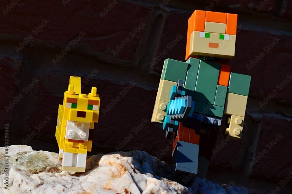 LEGO Minecraft figure of Alex with diamond sword and Ocelot cat mob on ...