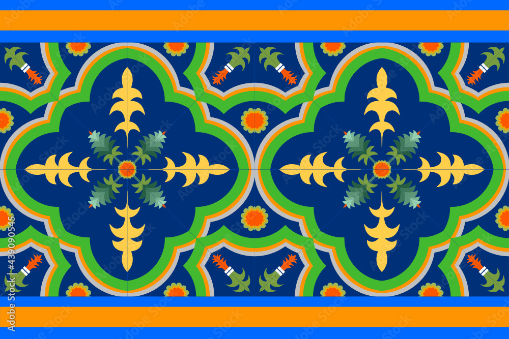 Green and yellow color and blue background, bohemian fabric pattern ...