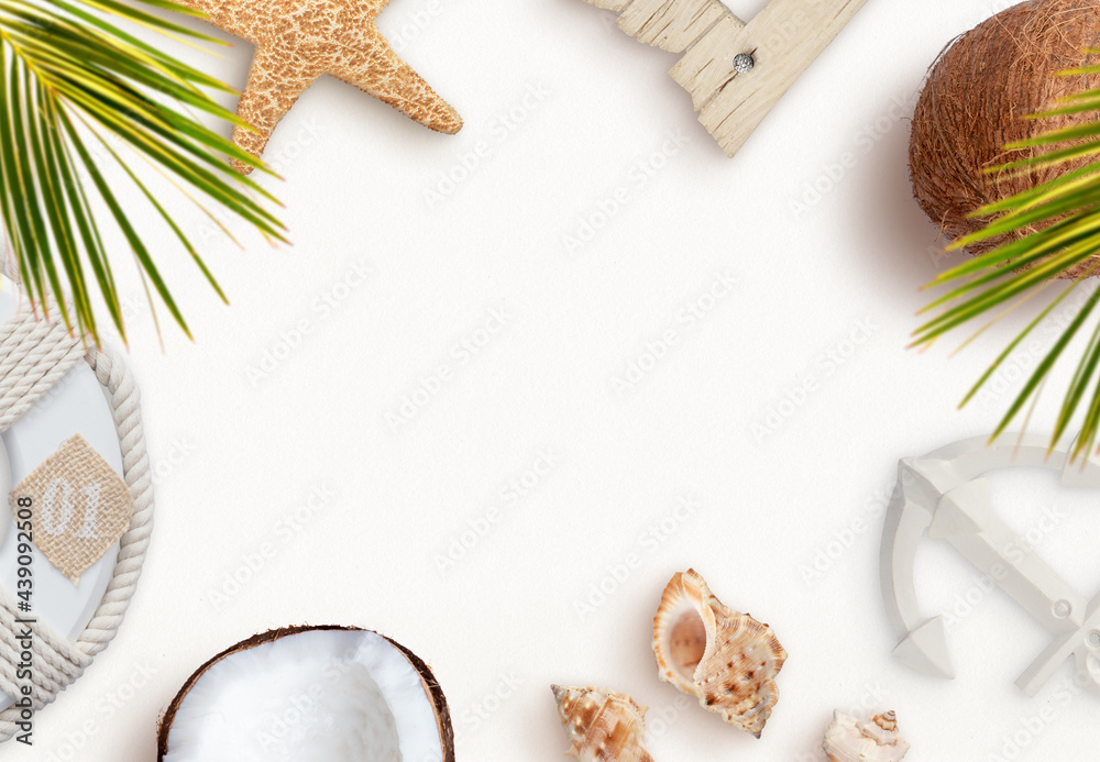 Summer, travel, beach composition with palm leaves, starfish, shells ...