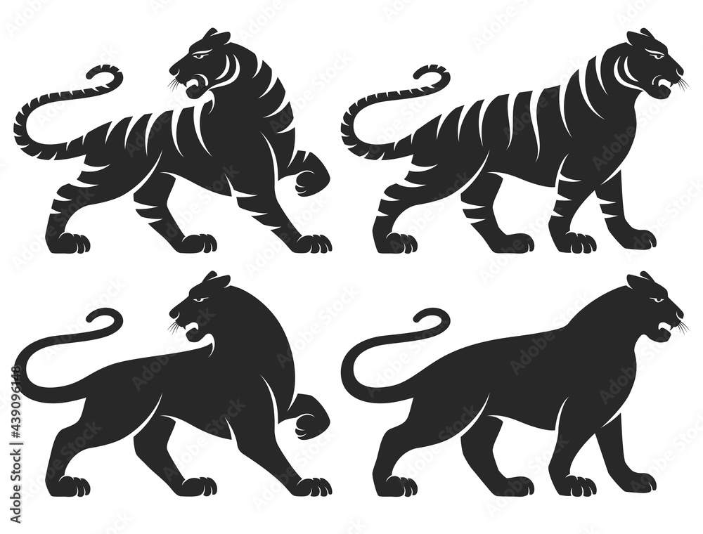Set of stylized silhouettes of standing in different poses tigers ...