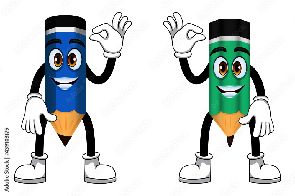 Happy mascot pencil characters standing and waving posing colorful ...