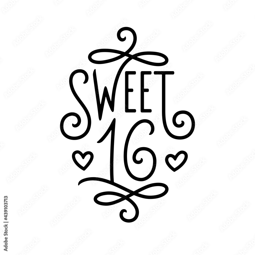 Sweet sixteen. 16th birthday hand drawn lettering. Typography print for ...