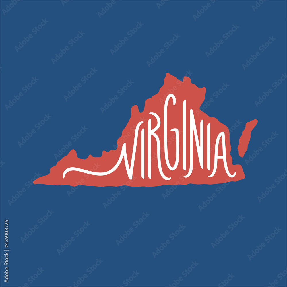 Virginia. Hand drawn USA state name inside state silhouette on blue ...