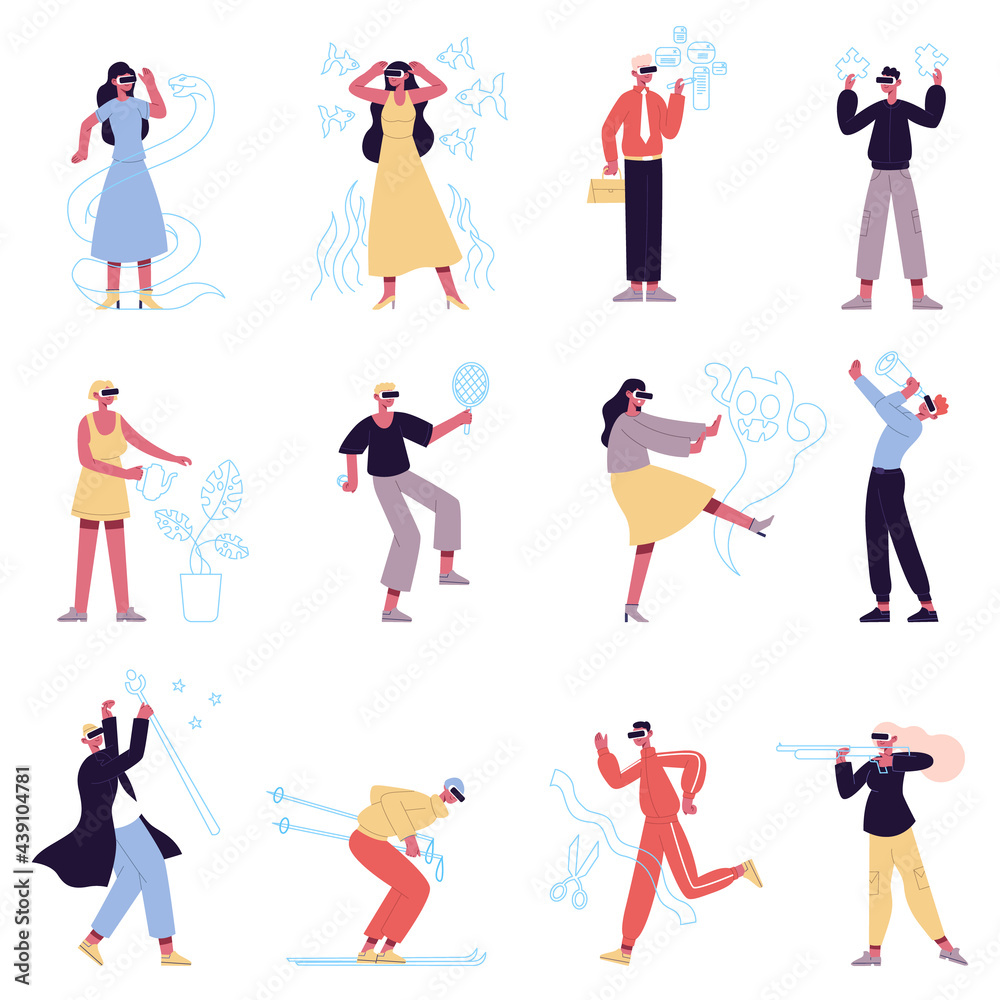 Virtual reality characters. People in augmented reality glasses inside ...