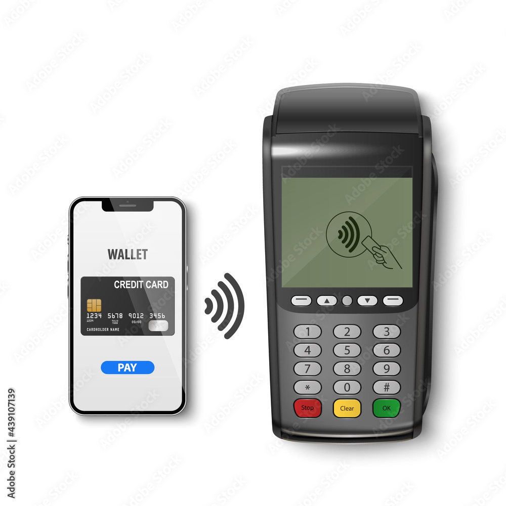 Vector Realistic 3d Payment Wi-Fi Black Machine, Smarthone. POS ...