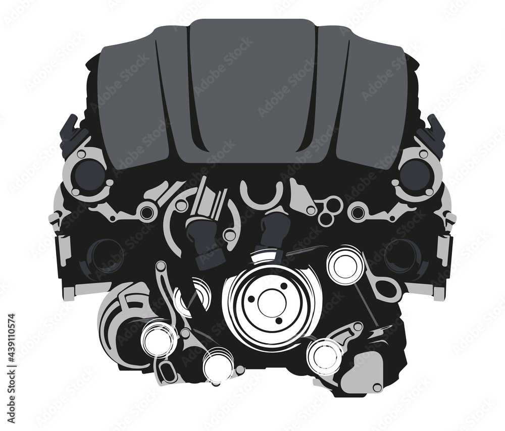 Realistic V8 engine with contour lines, vector illustration. Stock ...