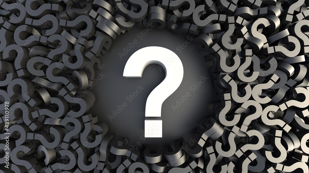 Big white question mark on a background of black signs, top view, FAQ ...