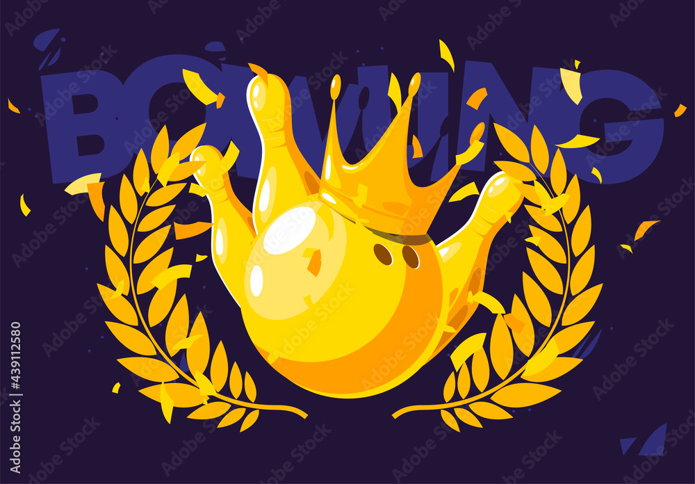 Vector illustration of a golden bowling ball with golden pins with a ...