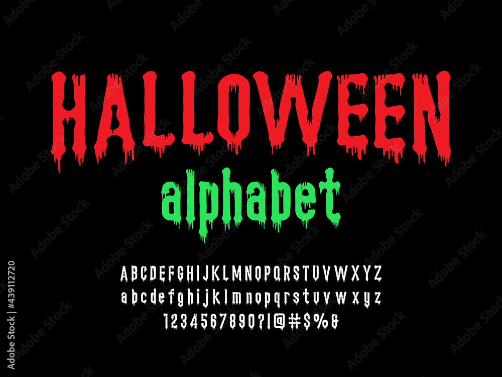 Halloween style alphabet design with uppercase, lowercase, numbers and ...