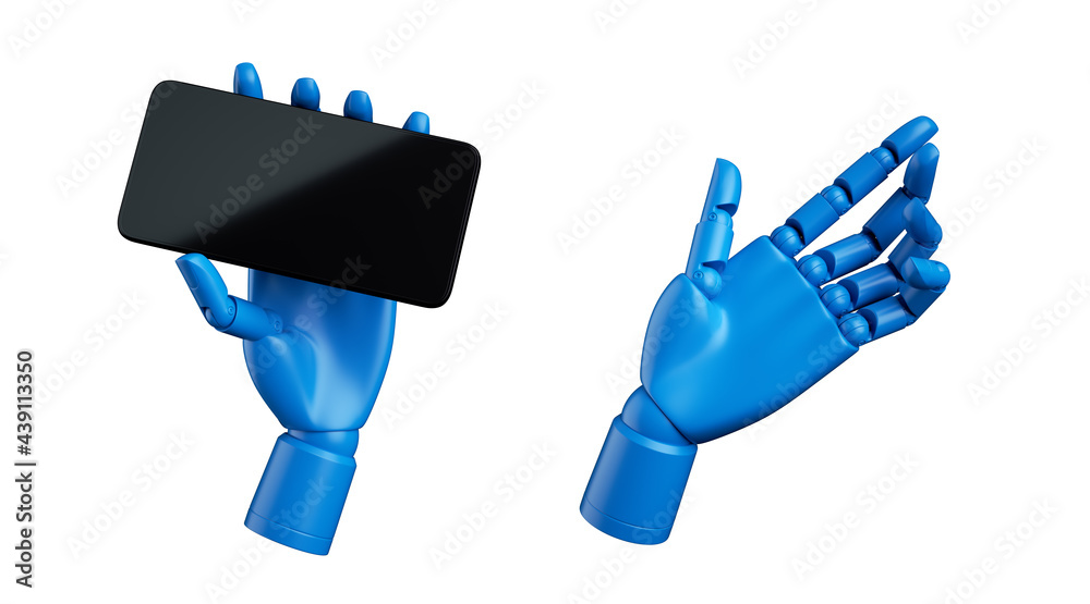 3d render blue dummy mannequin hand holds smart phone in horizontal ...
