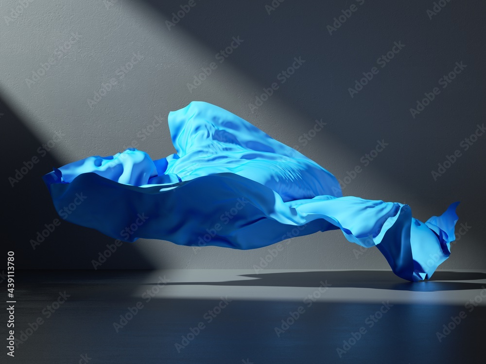 3d render. Abstract fashion background with blue drapery falling on the ...