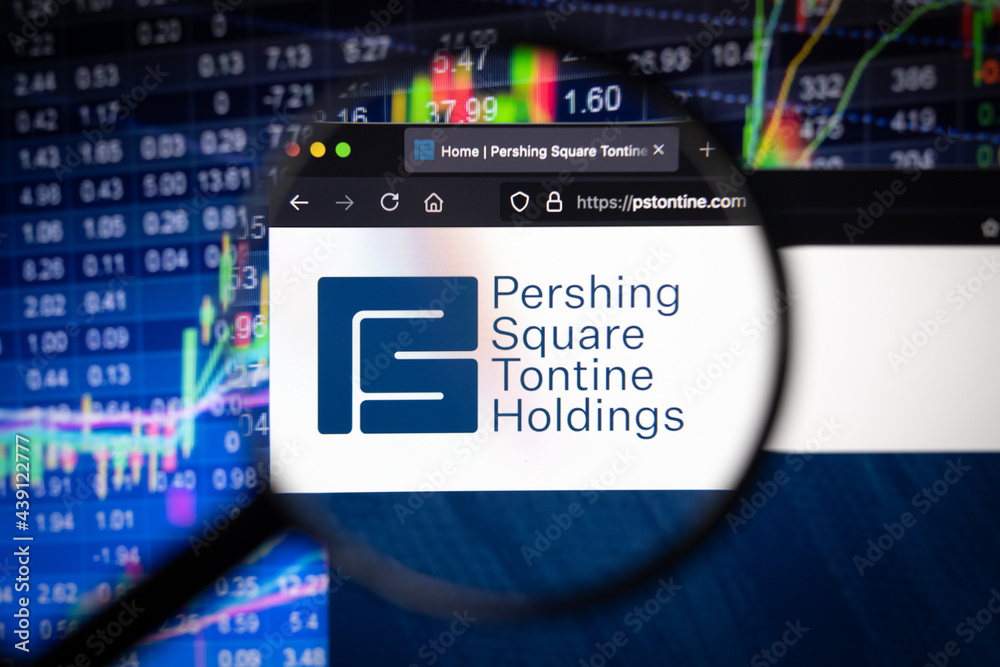 Pershing Square Tontine company logo on a website with blurry stock ...