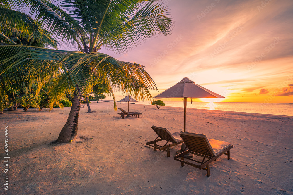 Amazing beach. Chairs on the sandy beach sea. Luxury summer holiday and ...